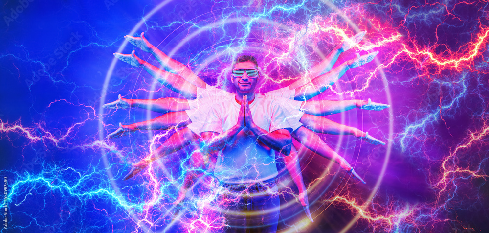 man warrior in fighting action of multihands on neon light background ...