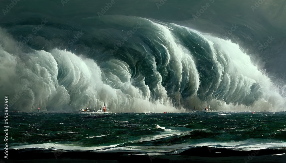 AI generated scenery of gigantic tsunami-like wave at sea and ...