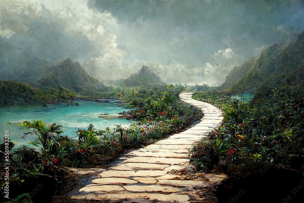 AI generated panoramic view of paradise tropical landscape with pathway ...
