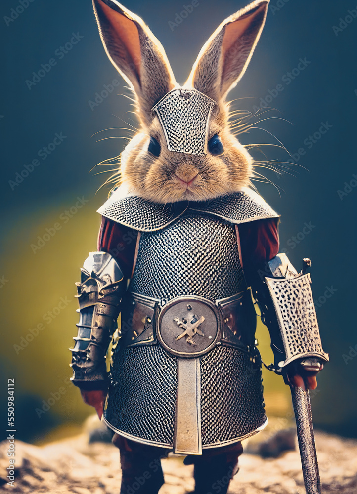 AI generated battle-ready rabbit knight in medieval portrait. Digital ...