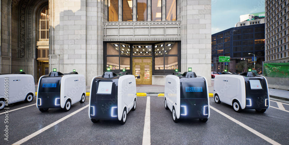 Autonomous delivery robot wait for orders in front of store, Smart ...