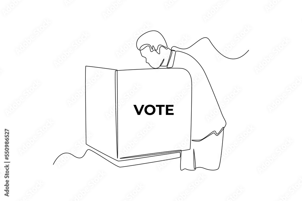 Continuous one line drawing man casting their ballots in voting booth ...