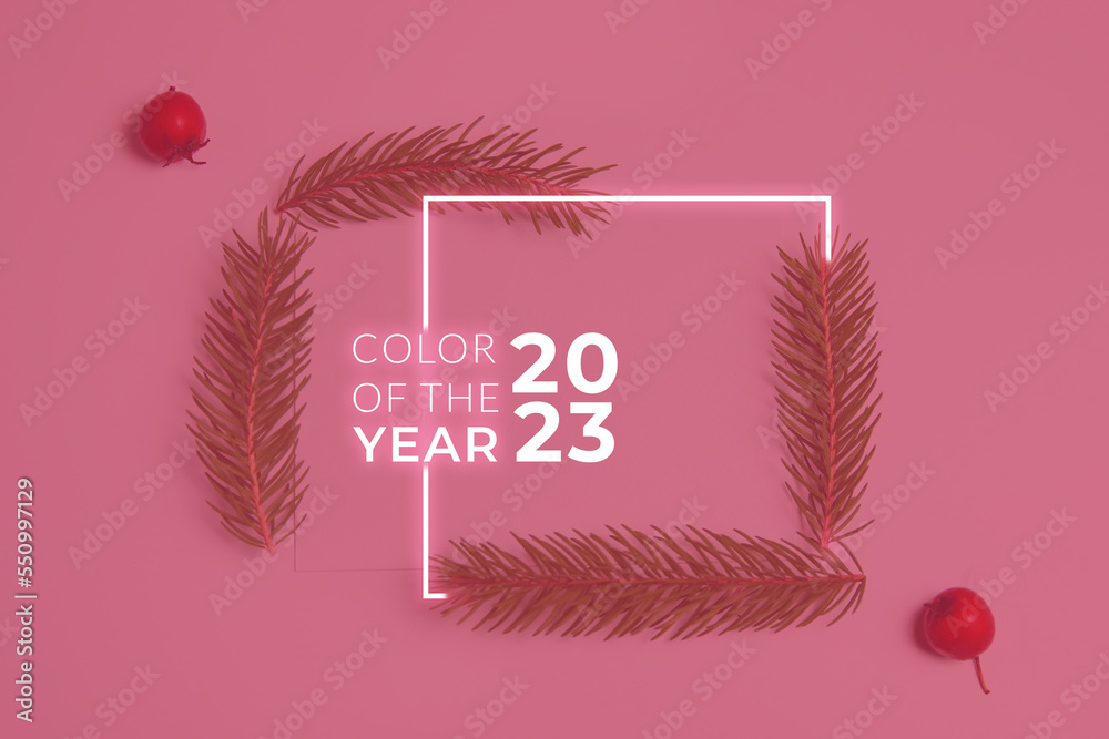 viva magenta. Color of the year 2023. Pantone. Frame of fir branch or ...