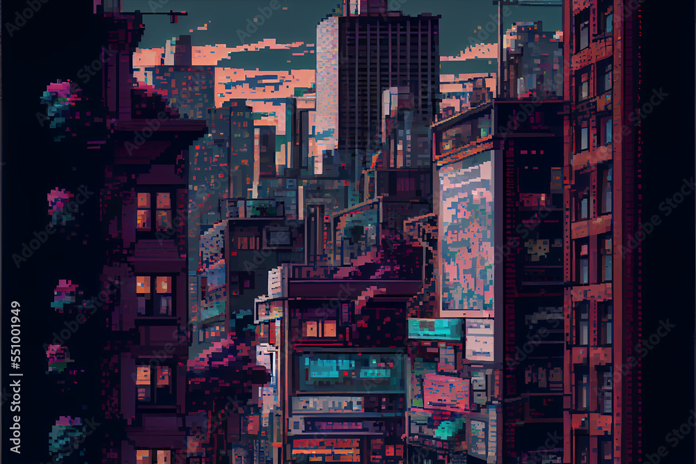 Pixel art of a cyberpunk city at night, 8 bit art Stock Illustration ...