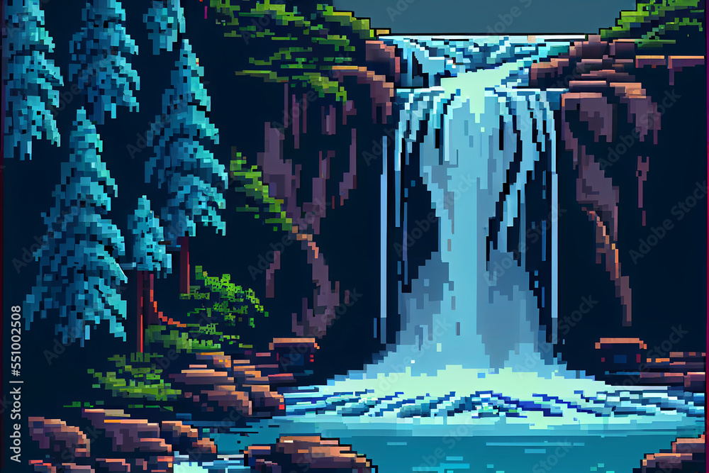 8 Bit Pixel Art forest waterfall ilustração do Stock | Adobe Stock