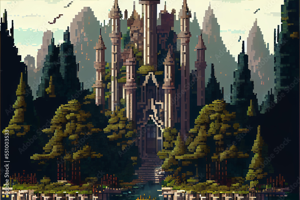 8 bit Pixel art of a castle on a hill Stock Illustration | Adobe Stock