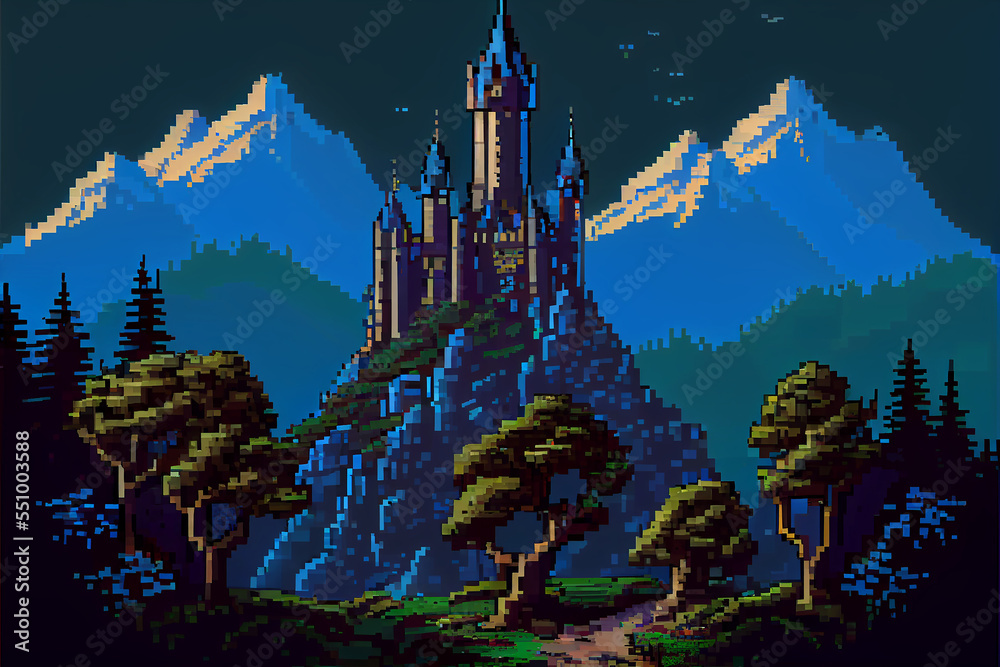 8 bit Pixel art of a castle on a hill ilustración de Stock | Adobe Stock