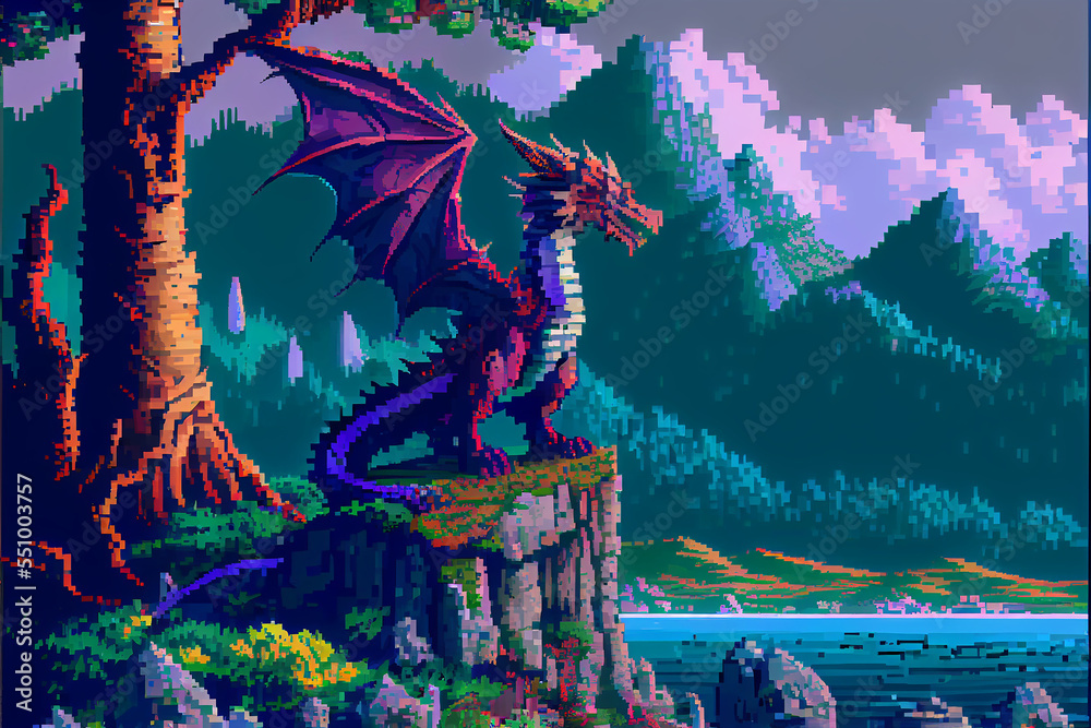 Pixel 8 bit art dragon landscape Stock Illustration | Adobe Stock