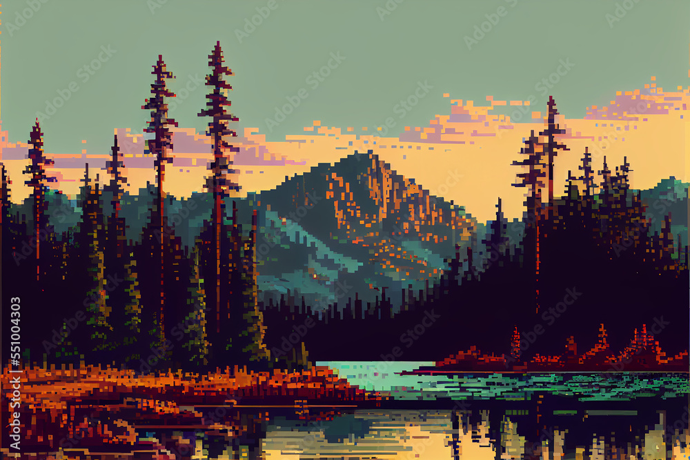 8 bit pixel art of a mountainous valley with a lake Stock Illustration ...