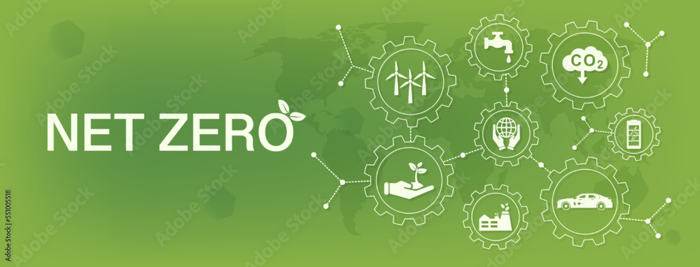 Banner Net Zero. Zero emissions concept by 2050. Long-term strategy for ...