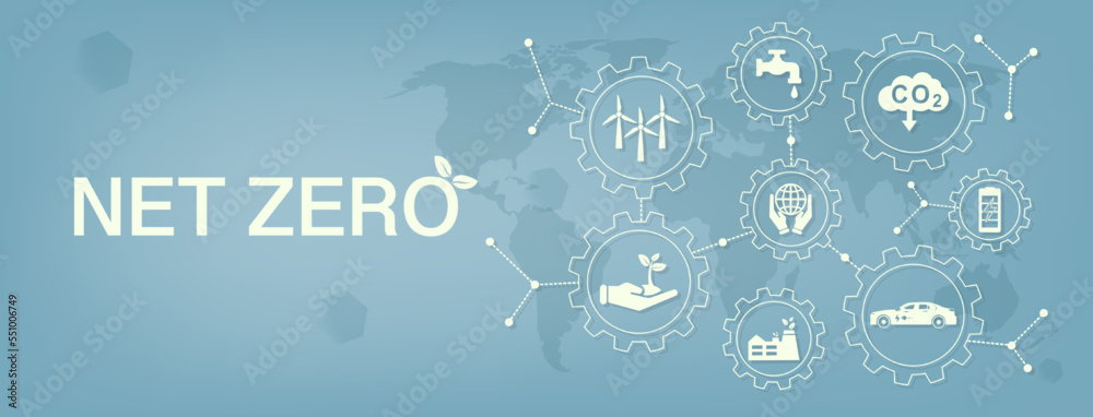 Banner Net Zero. Zero emissions concept by 2050. Long-term strategy for ...