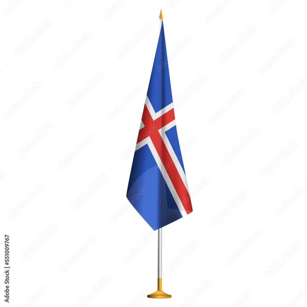 Isolated small national flag of Iceland vector with golden flagpole ...