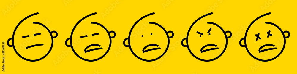 Set of outline emoticons doodle sad face icon. Black line emoji on ...