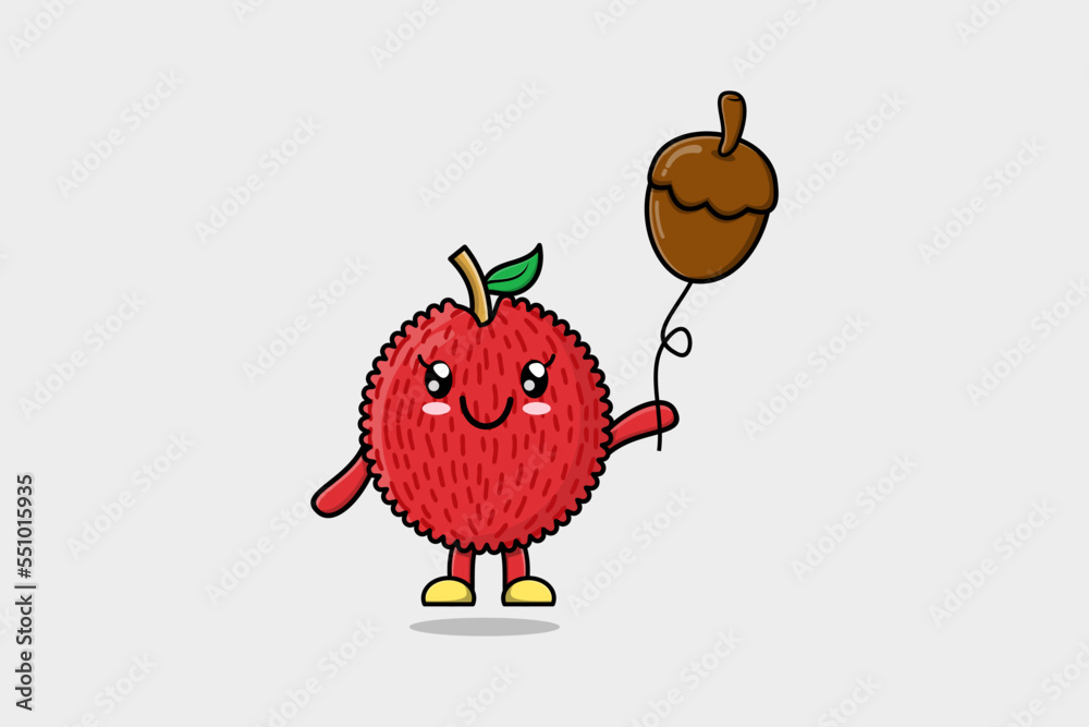 Cute cartoon Lychee floating with acorn balloon cartoon vector ...
