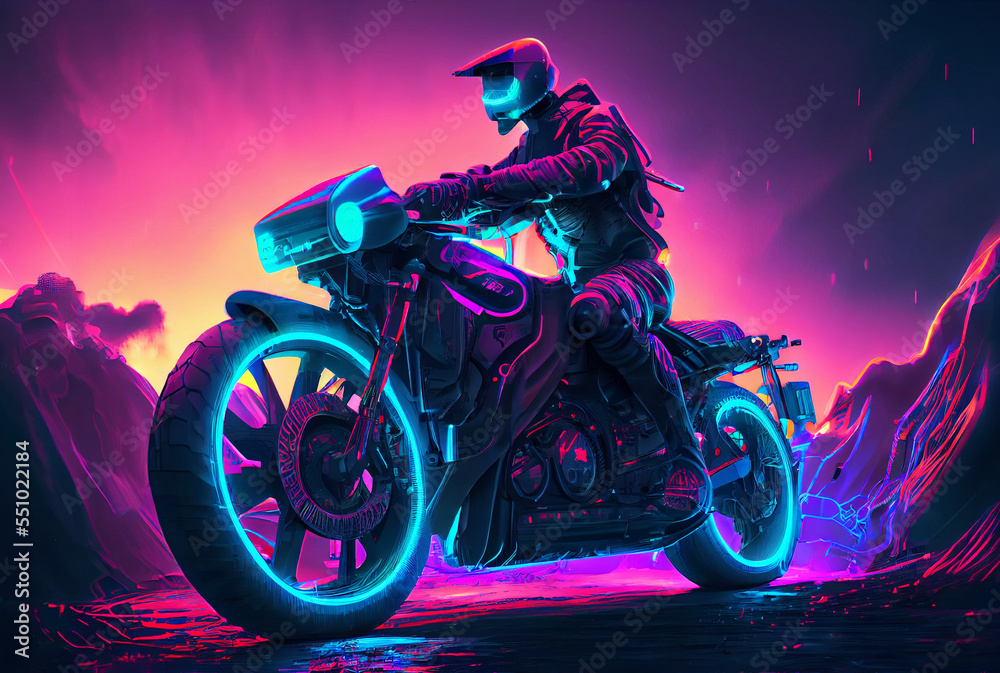 Spectacular digital art 3D illustration of a cyberpunk rider on a ...