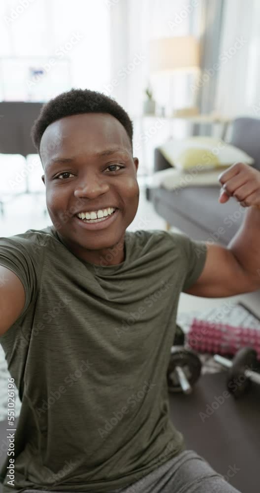 Video call, fitness and black man training in a house, workout ...