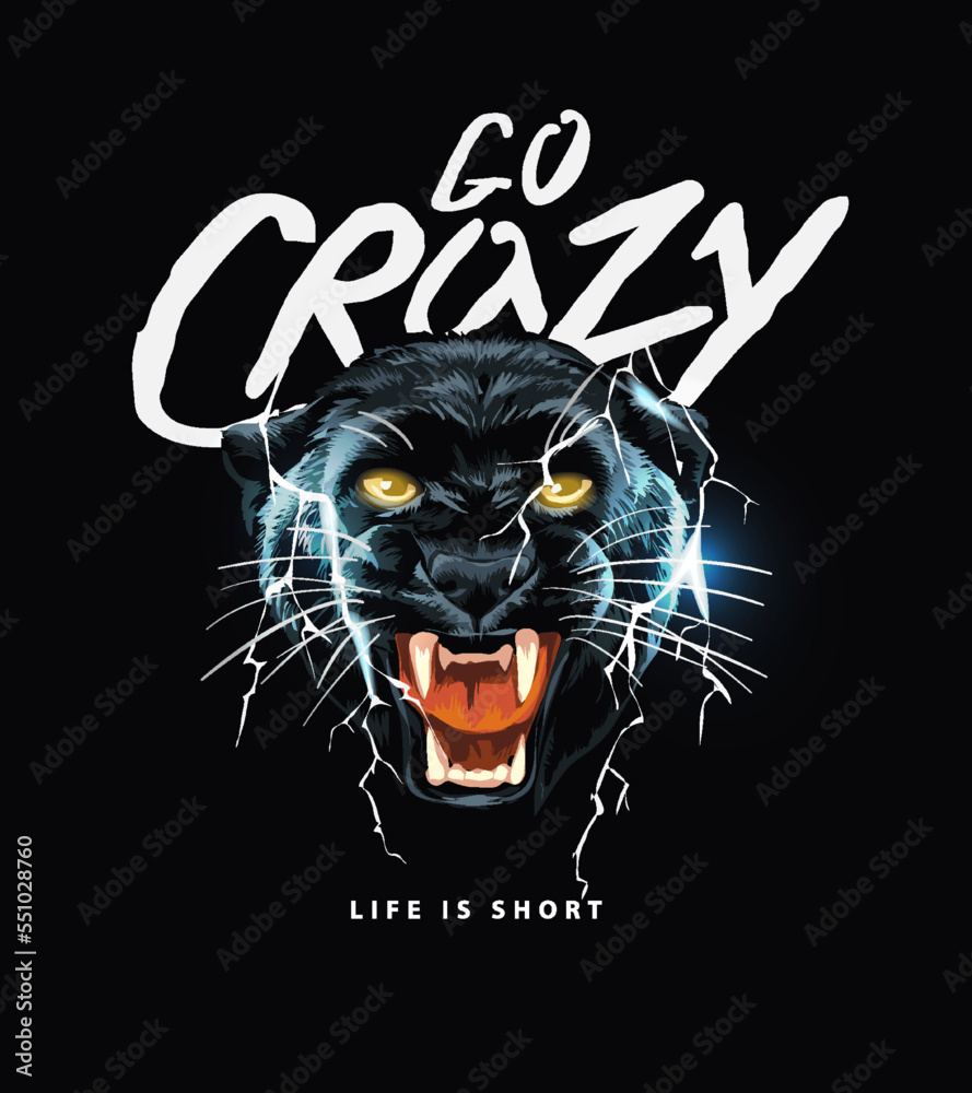 go crazy slogan with panther head and lightning vector illustration on ...