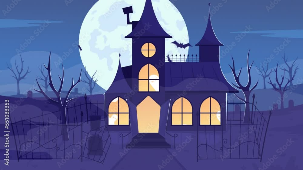 Animated spooky house illustration. Vampire residence. Ghosts and ...