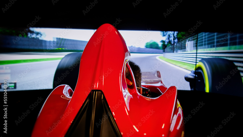 Ferrari test drive simulator cockpit seat at Ferrari museum Italy Stock ...
