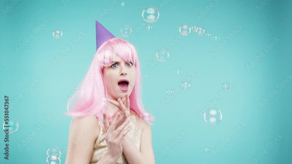 Trippy, party woman and bubbles of a person with crazy, comic and ...