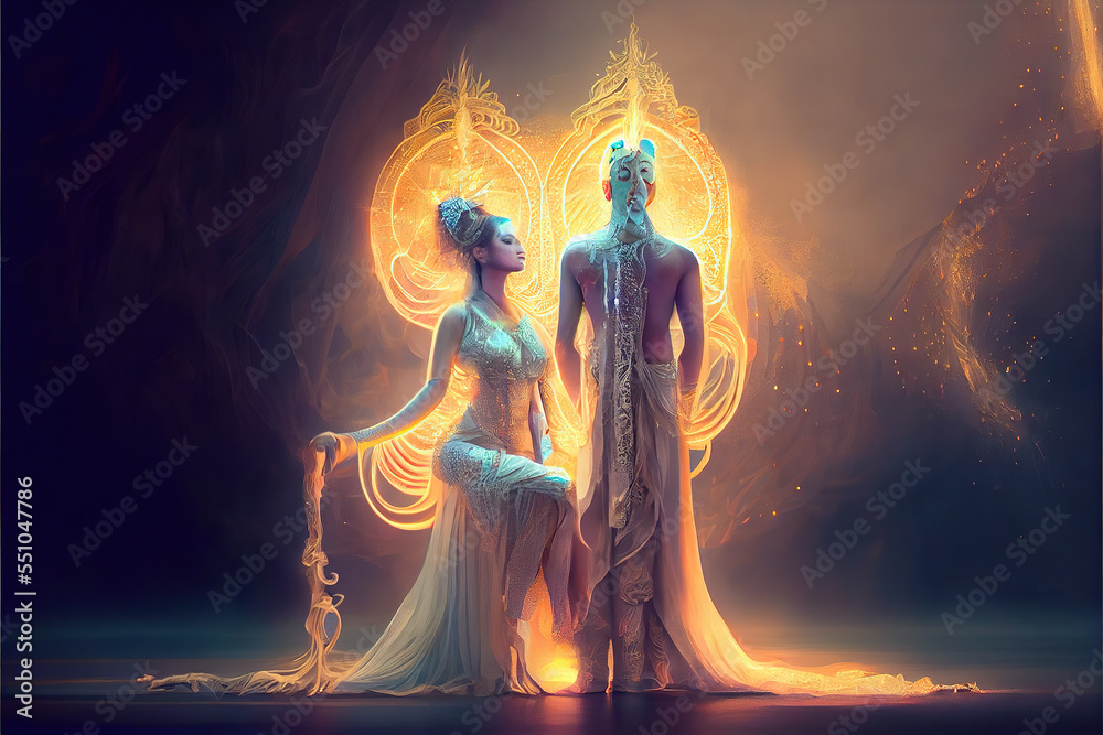 God of sound waves yoga mediation standing next to his beautiful bride ...