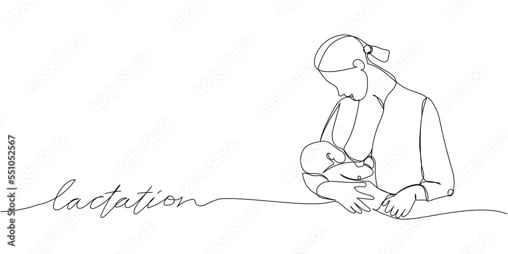 Mom breastfeeds a newborn one line art with an inscription lactation ...