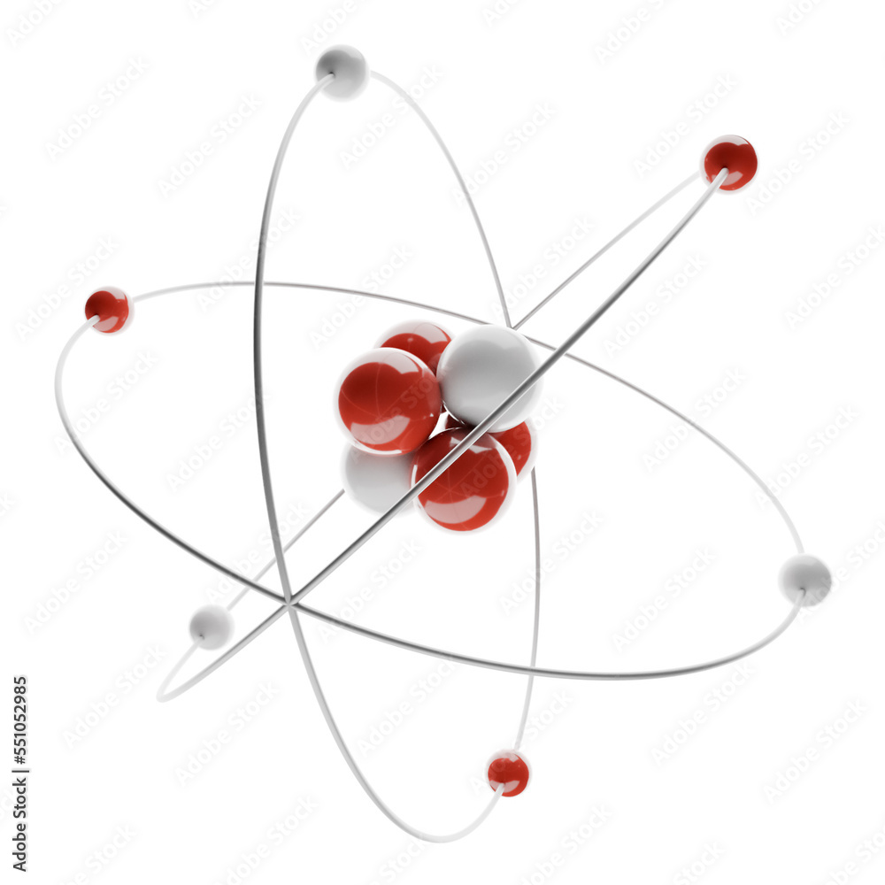 3D illustration model of an atom with nucleus, electrons, protons and ...