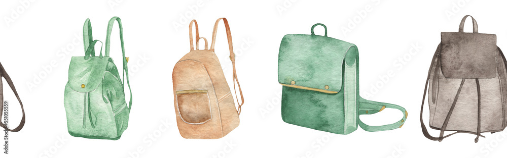 Backpack watercolour border.Watercolor border. Hand painted watercolor ...