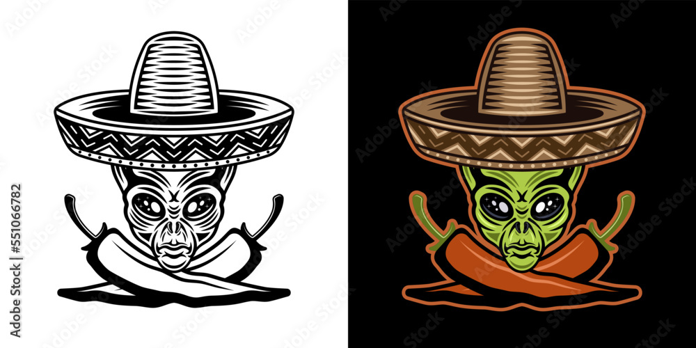 Alien head in sombrero hat and chili peppers vector illustration in two ...
