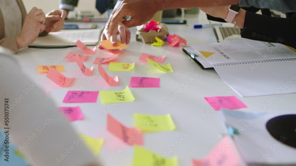 Business meeting, hands planning and sticky notes of creative ...