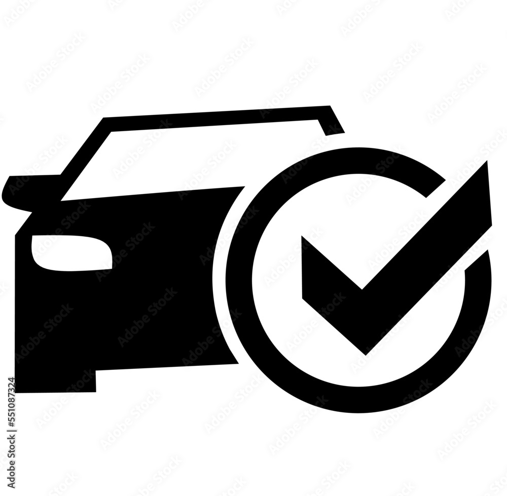 Automobile with check mark icon vector, black and white car shape with ...