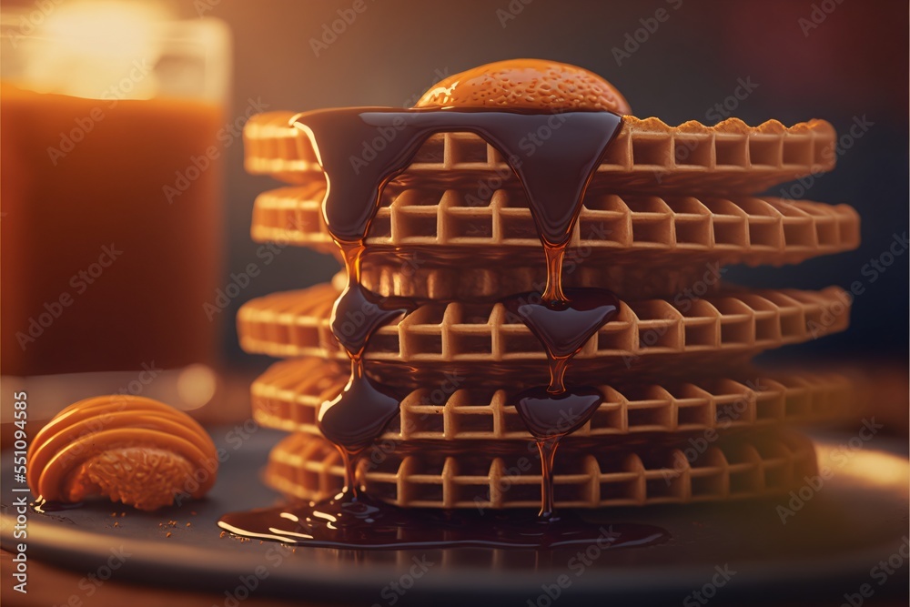 closeup of a stack of delicious waffles with flow chocolate souce ...