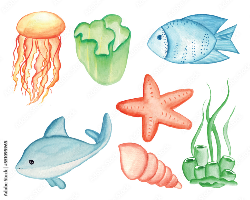 Watercolor Under The Sea Clipart Set Stock Vector | Adobe Stock