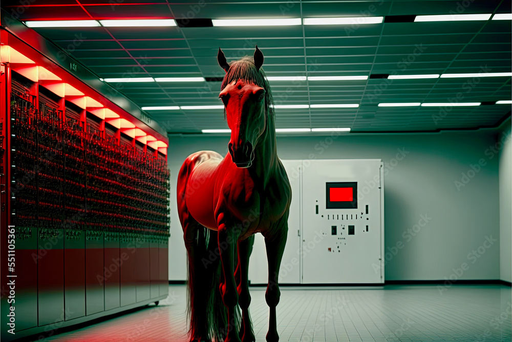 Cyber crime concept, evil looking Trojan horse in server room, hacker ...