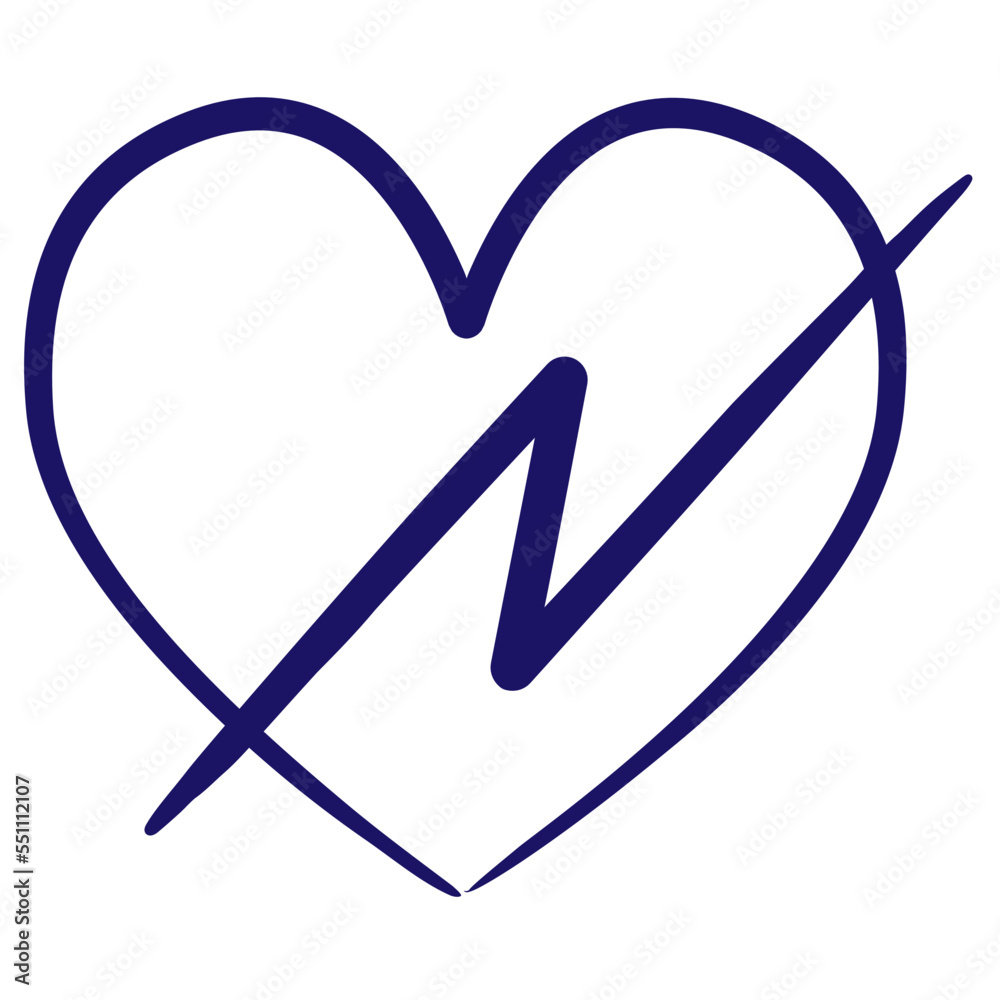 Blue outline icon of the lightning in the heart drawn with a brush line ...