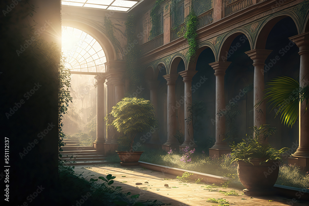 AI generated image of a Roman courtyard from a disused palace in ...