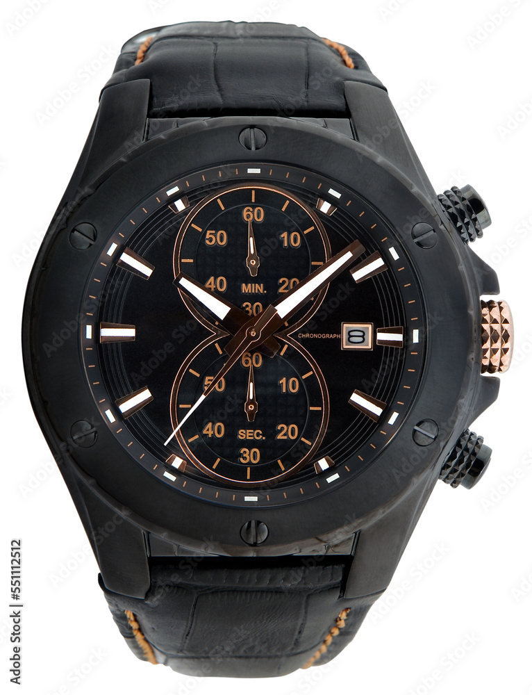 Black wrist watch with leather watch strap on transparent background ...