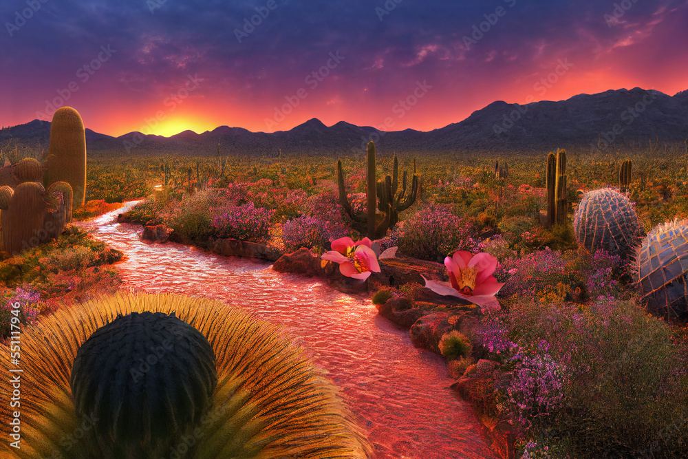 Sunrise over a Surreal Desert Oasis Landscape. [Digital Art Painting ...