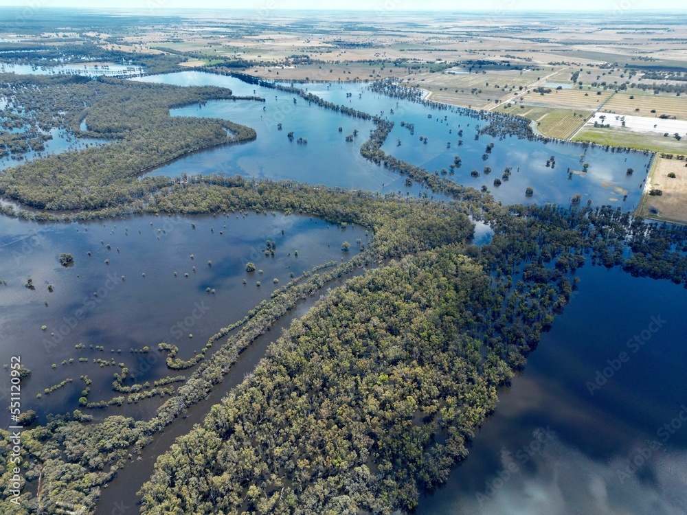 Aerial view of Murray River flood in Riverina. Southeastern Australia ...