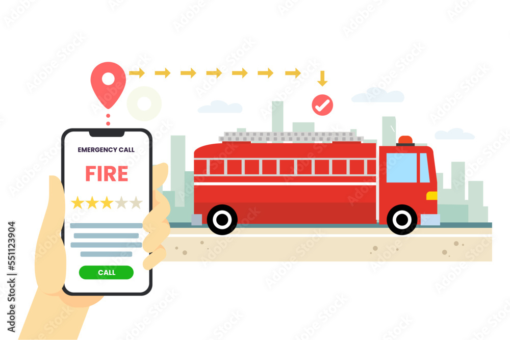 Call fire truck via mobile phone with landscape background. emergency ...