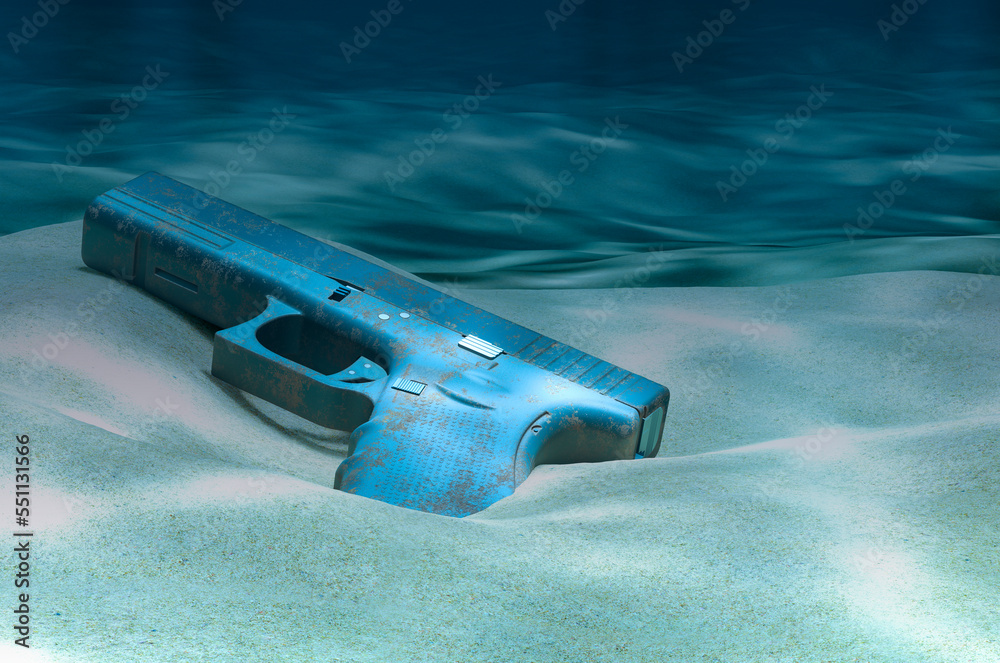 Gun, pistol on ocean bottom underwater, 3D rendering Stock Illustration ...