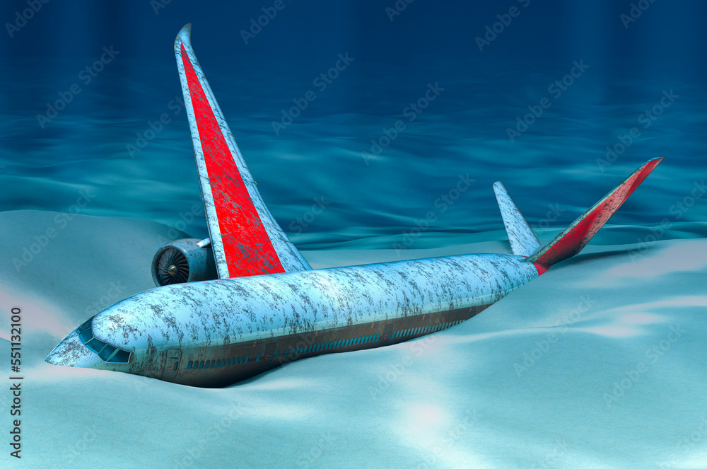 Sunken plane. Aeroplane on ocean bottom underwater. 3D rendering Stock ...