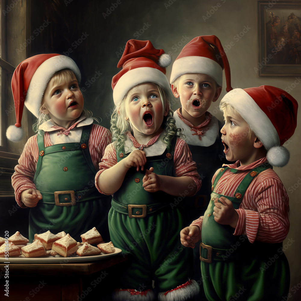 Niños en ropa navideña cantando villancicos navideños y comiendo dulces ...