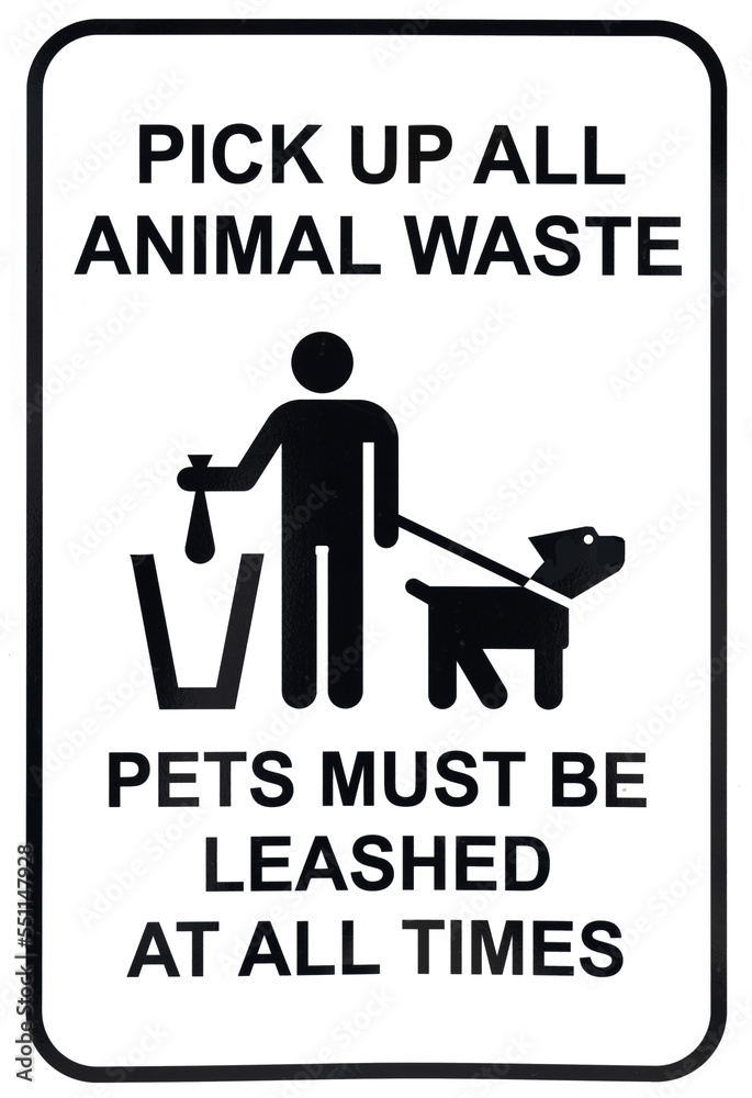 Pick-up animal waste sign with a dog and human figure on a transparent ...