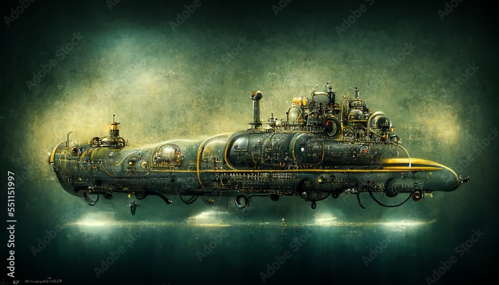 Steampunk submarine for deep sea exploration in hangar sci-fi design ...