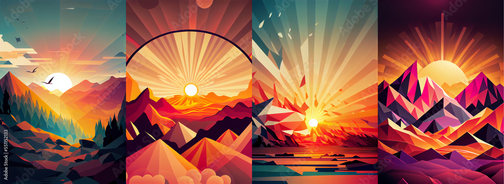 set of 2d digital art colorful sunrise illustration, vibrant color of a ...