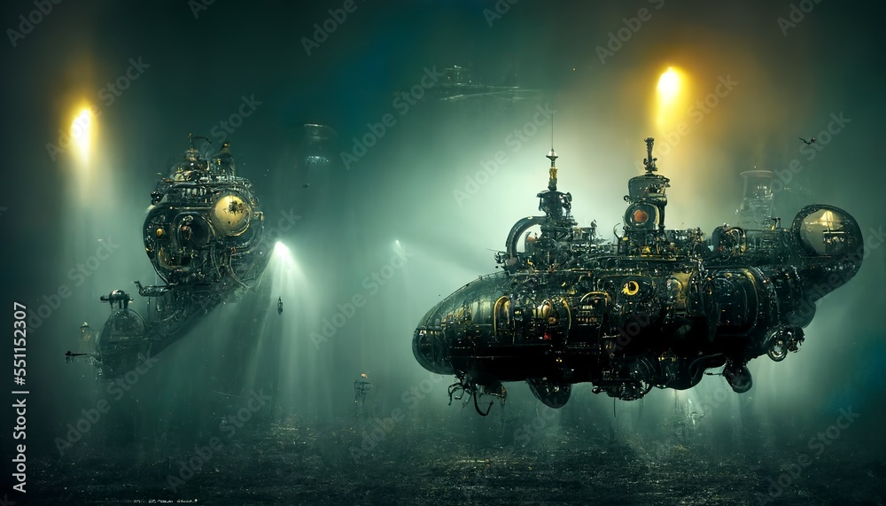 Futuristic sci-fi alien submarine exploring deep sea underwater Stock ...