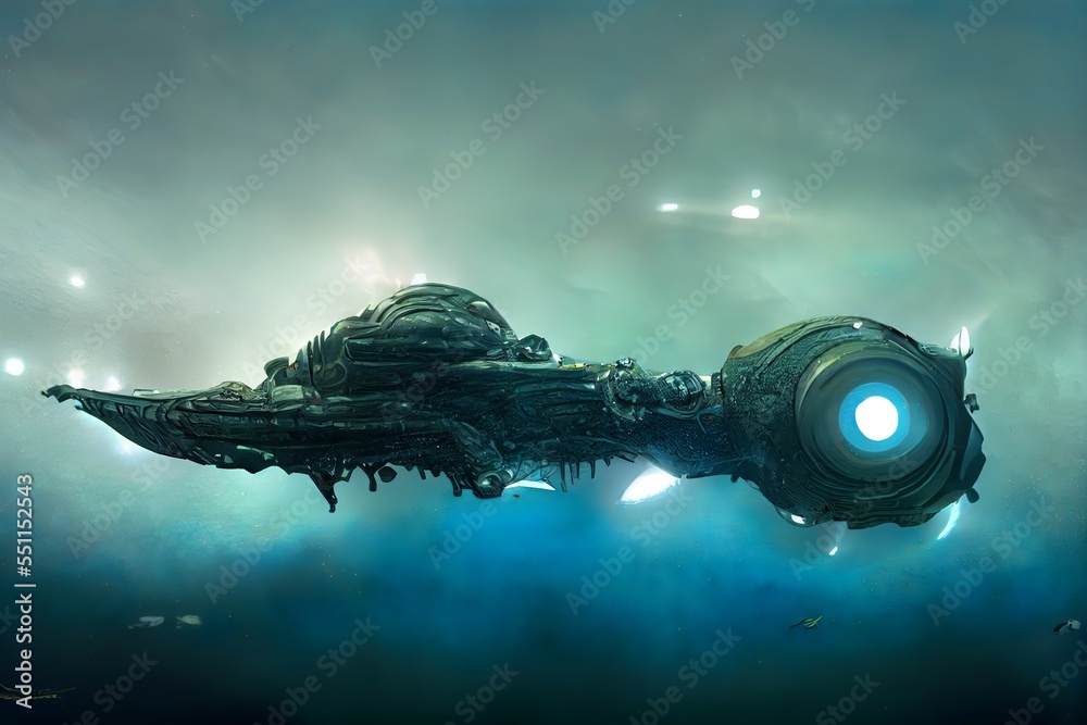 Futuristic dieselpunk style sci-fi nautilus submarine exploring deep sea underwater Stock ...