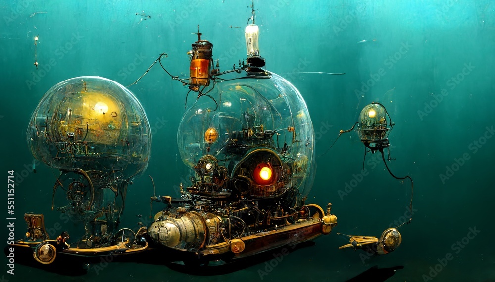 Futuristic sci-fi underwater deep sea spherical bathysphere station for ...