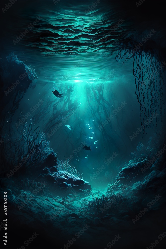 Deep underwater environment with sea creatures and biluminescent fishes ...
